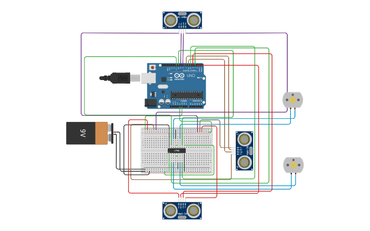 Circuit design CARS STEP_UP WITH 3 ULTRASONIC-SENSORS - Tinkercad