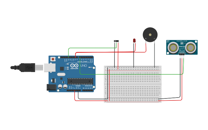 Circuit design Ultra Sonic Sensor with Speaker and LED | Tinkercad