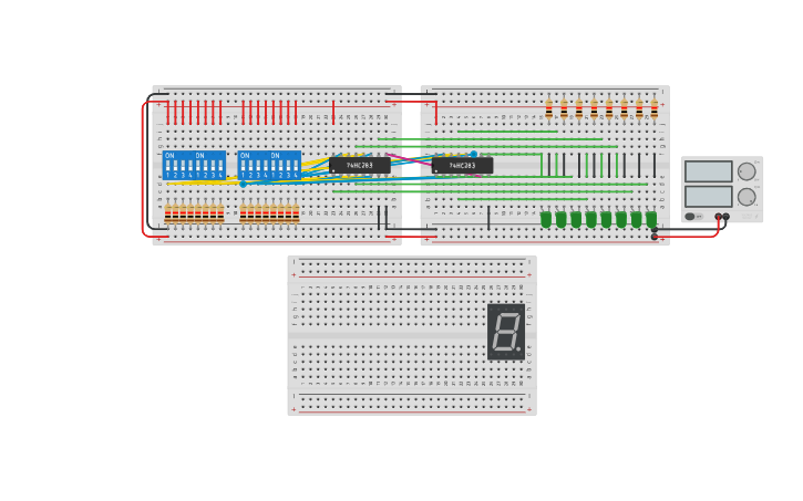 Circuit design 8 bit adder on 74283 chip - Tinkercad