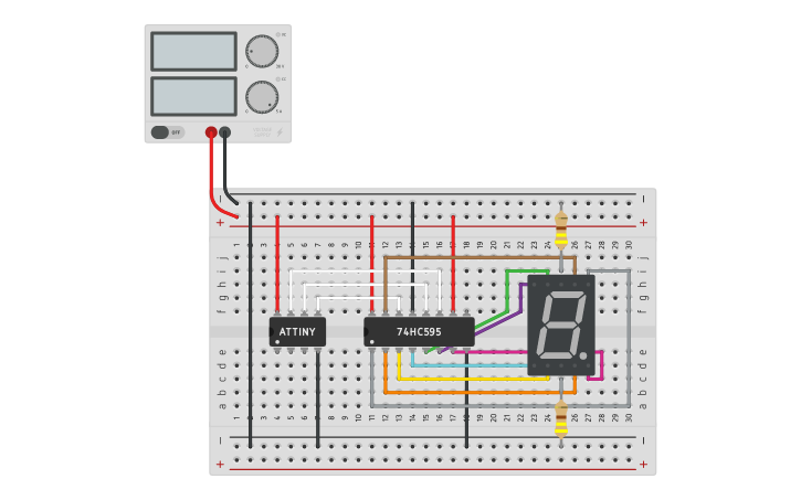 Circuit design 7-segment Attiny 85 with shift register | Tinkercad