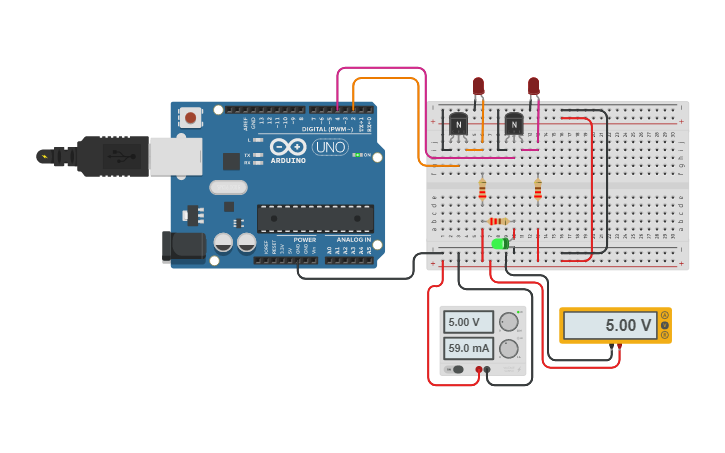 Circuit design Pull Up y Pull Down con transistor | Tinkercad