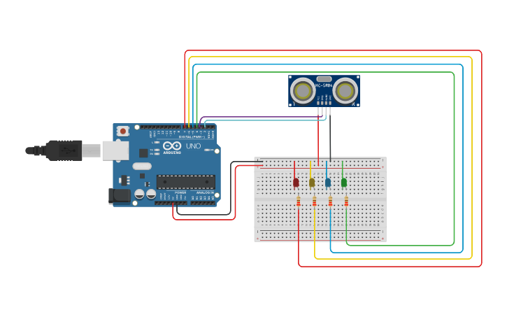 Circuit design Práctica con LED y sensor ultrasónico - Tinkercad Circuit design Práctica con LED y sensor ultrasónico - Tinkercad