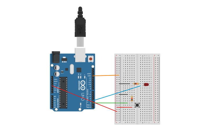 Circuit design Práctica 2. LED con pulsador. | Tinkercad Circuit design Práctica 2. LED con pulsador. | Tinkercad