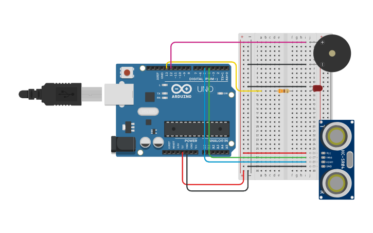Circuit design Sensor ultrasónico con luz led y alarma de proximidad ...