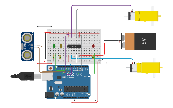 Circuit design Vehículo que esquiva obstáculos - Tinkercad
