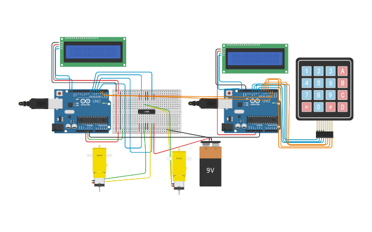 Circuit design drive a motor with two arduino - Tinkercad