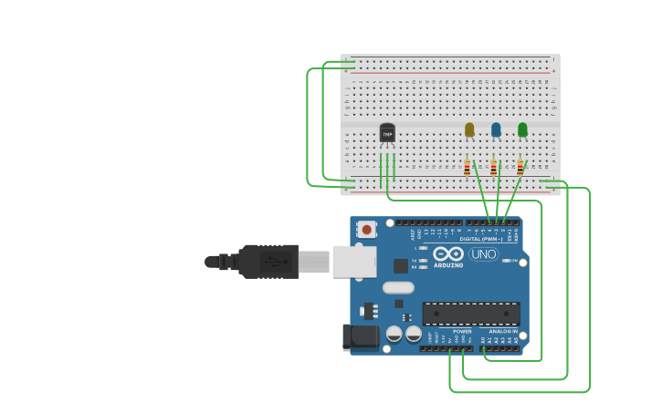 Circuit design Temperature Sensor with LED - Tinkercad