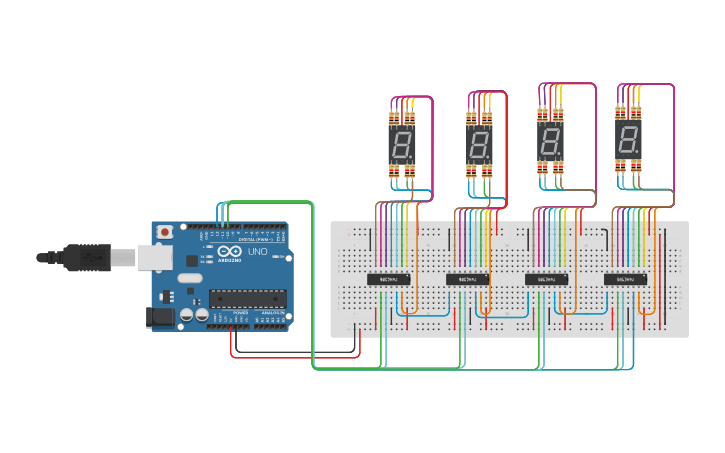 Circuit design L10 4x Digits 7-Segment - Tinkercad