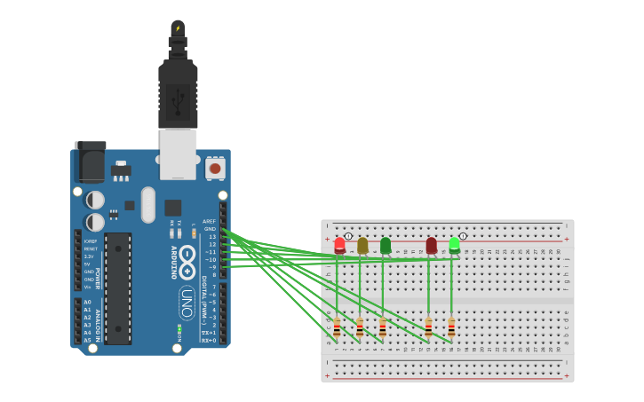 Circuit design Semáforo com sinal de pedestre - Tinkercad
