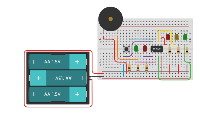 Circuit design Semáforo vehicular y Peatonal ATTiny85 4.5v | Tinkercad