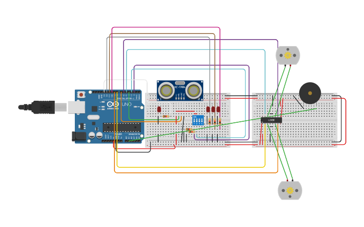 Circuit design sensor ultrasonico con motores,leds, buzzer y ...