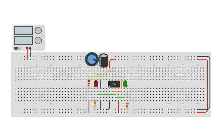 Circuit design 555 blink two leds - Tinkercad