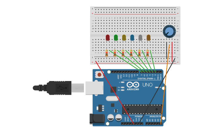 Circuit Design Potenciometro 6 Leds Tinkercad