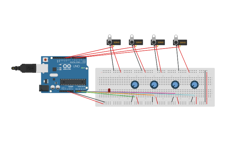 Circuit design Manipulador com 4 servos - Tinkercad
