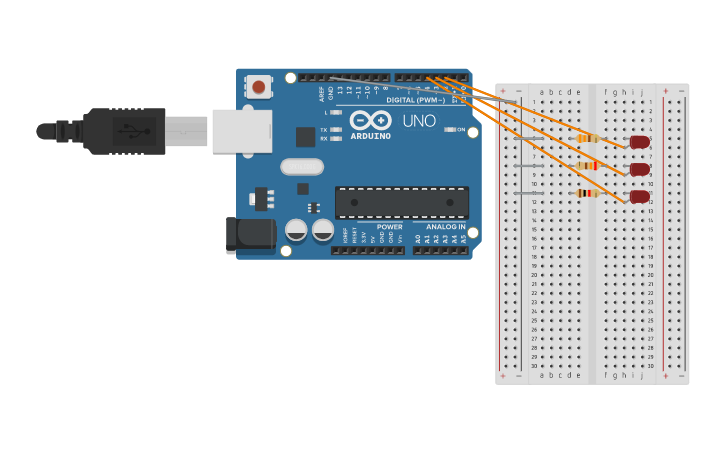 Circuit design ARDUINO CON 3 LEDS | Tinkercad