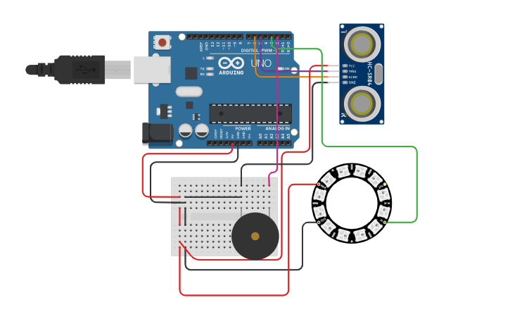 Circuit design Social Distancing Indicator And Alarming System | Tinkercad