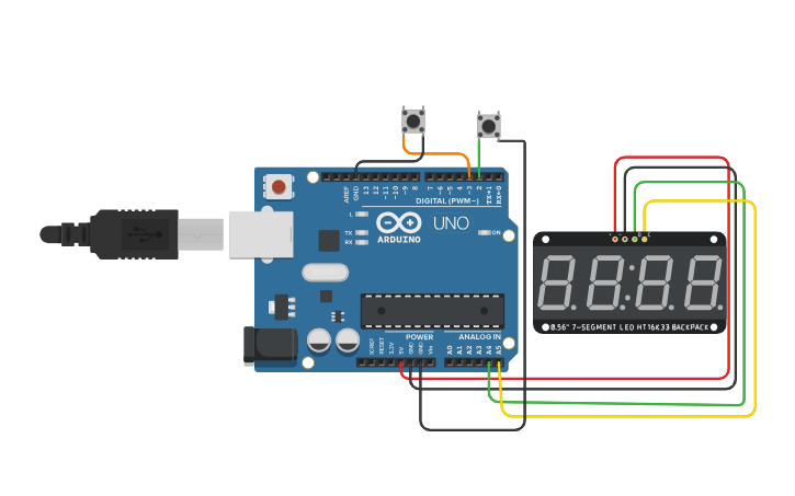 Circuit design 7-segment clock display Stopwatch - Tinkercad
