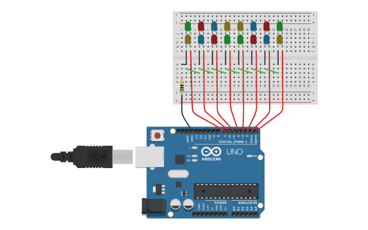 Circuit design Unique LED Breadboard Q5 - Tinkercad