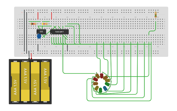 Circuit design Copy of Copy of 10 LED flasher - Tinkercad