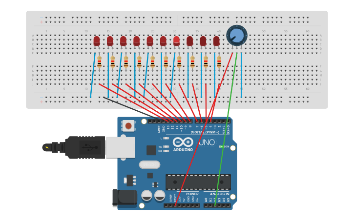 Circuit design Project 6 – Interactive LED Chase Effect - Tinkercad