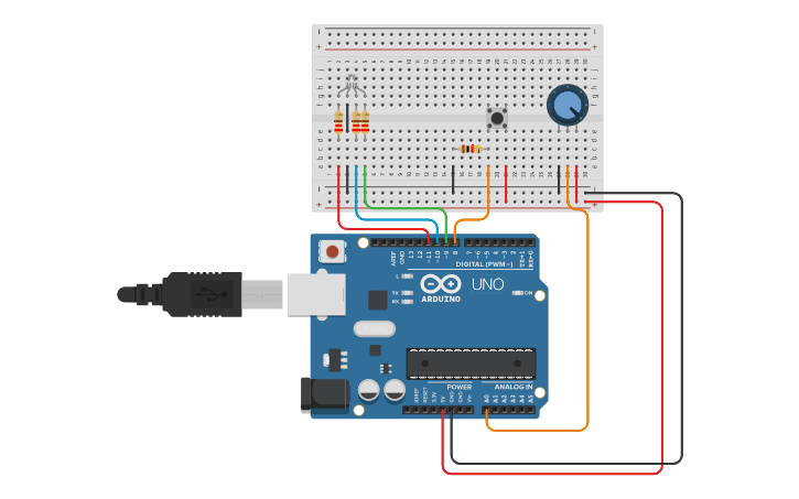 Circuit design RGB Led with potentiometer and button - Tinkercad