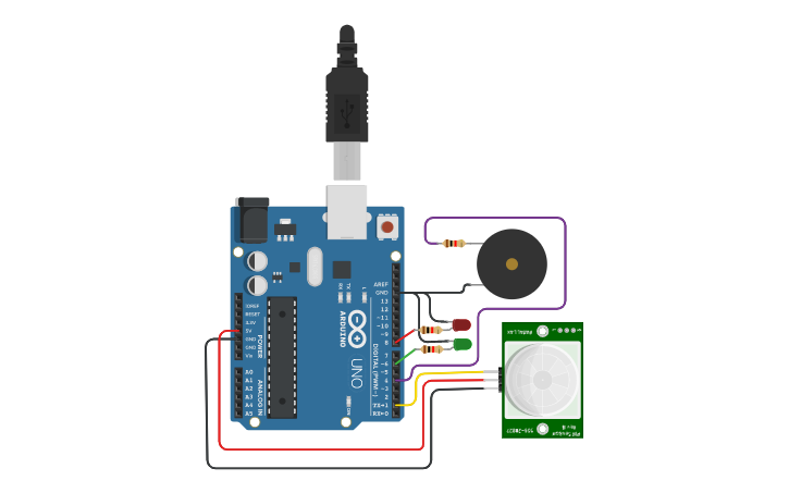 Circuit design Mototion Sensor+LED+Sound - Tinkercad