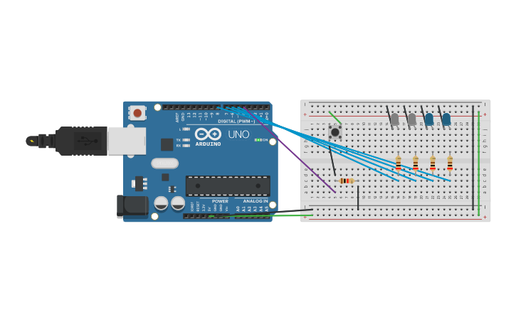 Circuit design Secuencia de leds con pulsador. - Tinkercad
