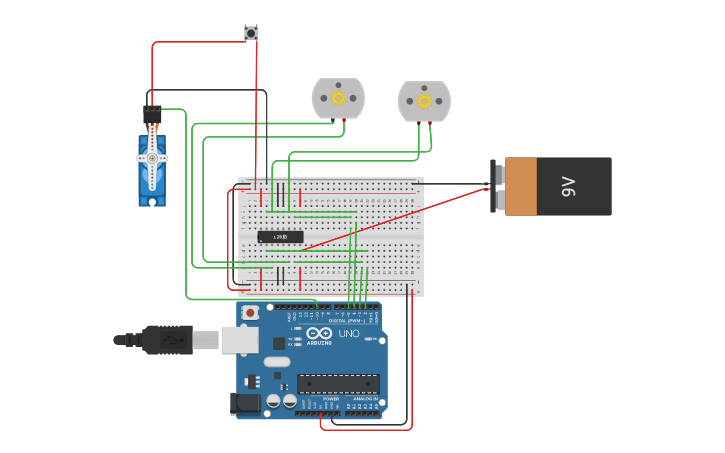 Circuit design Servo with DC motor and button | Tinkercad