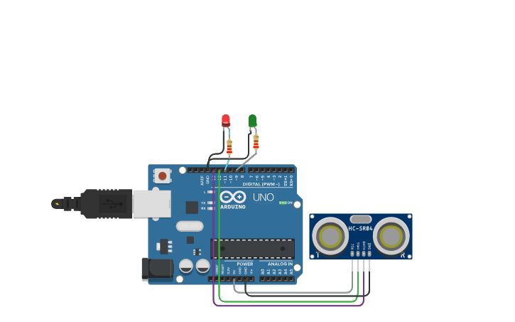 Circuit design Distance Red and Green - Tinkercad