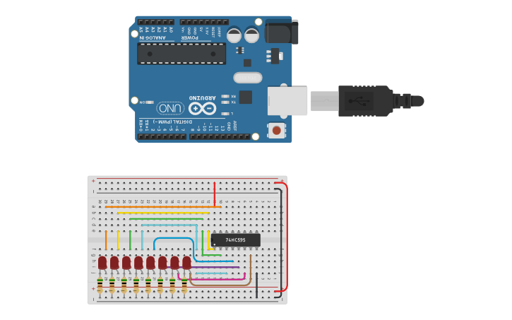 Circuit design Shift Register 74HC595 Leds - Tinkercad
