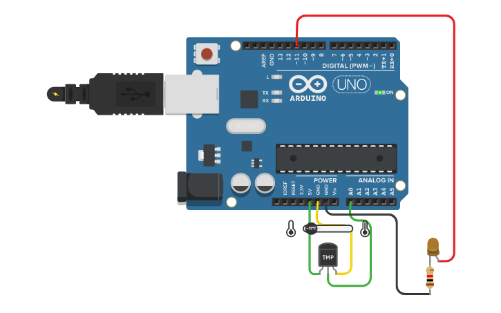 Circuit design simulando sensor TMP | Tinkercad Circuit design simulando sensor TMP | Tinkercad