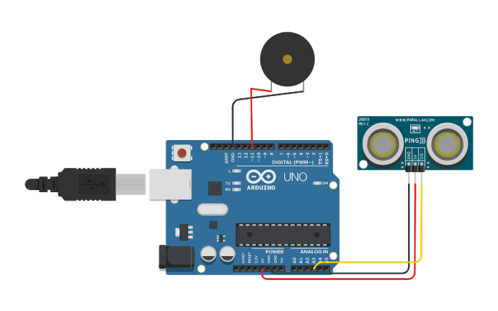 Circuit design ULTRASONIC DISTANCE SENSOR WITH BUZZER (PIEZO) - Tinkercad