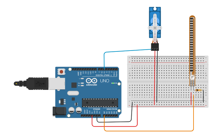 Circuit design 5.9. Controla servo motor com sensor de flexão - Tinkercad