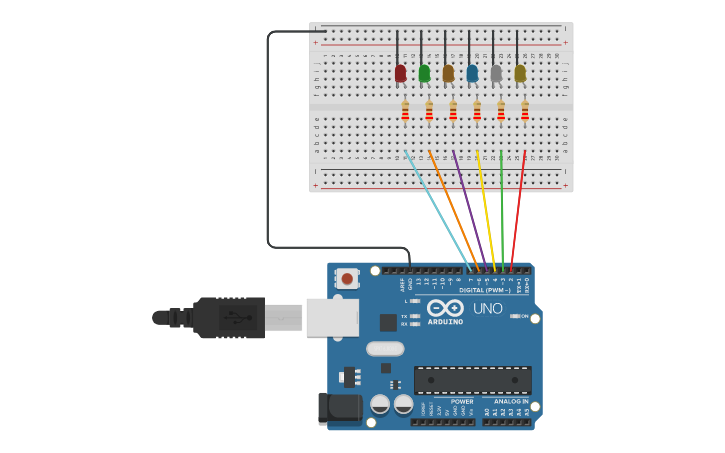 Circuit design ARDUINO (6LEDS) | Tinkercad