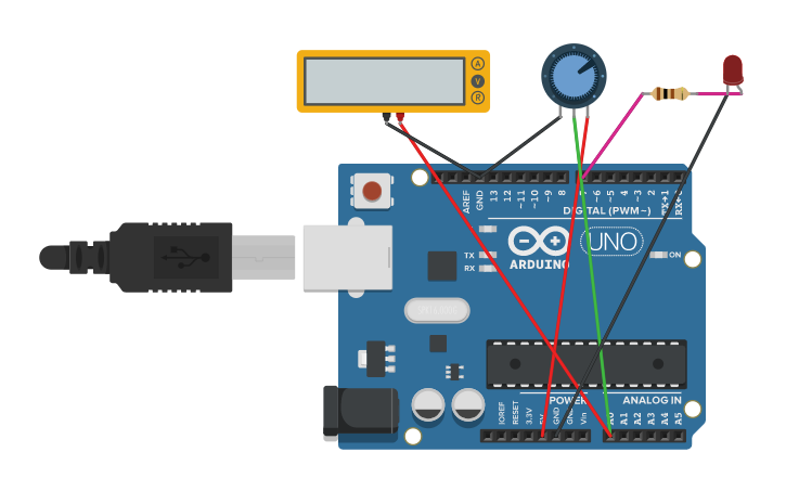 Circuit design Potensiometer + LED - Tinkercad