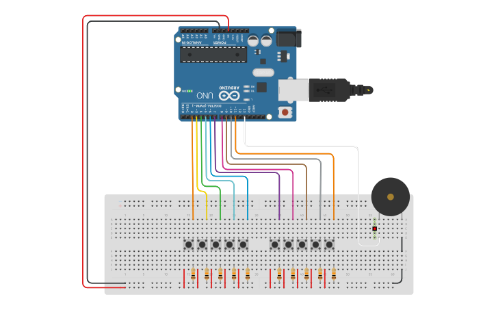 Circuit design Arduino project - Piano | Tinkercad