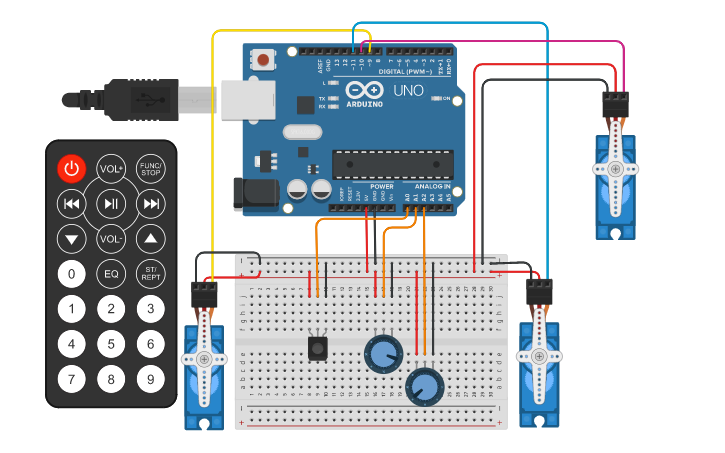 Circuit design ARM ROBOT 3 DOF + IR SENSOR (RIO JATI PRATAMA) | Tinkercad