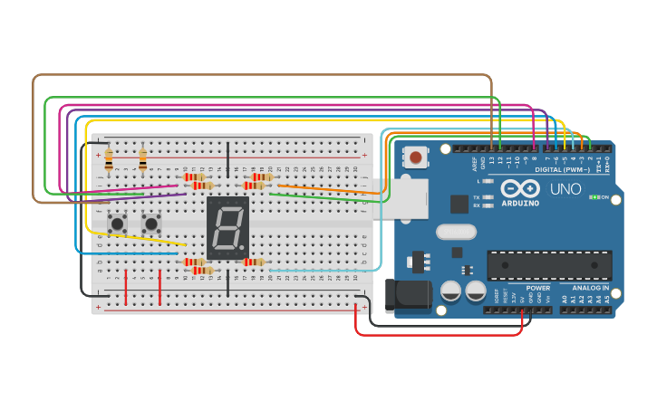 Circuit design Display 7 segmentos con pulsadores-Aumento y decremento - Tinkercad