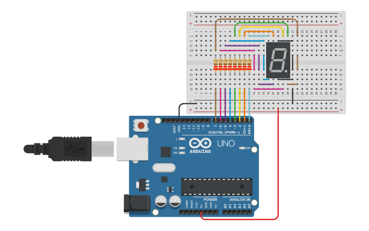 Circuit design Display de 7 segmentos (catodo comum) (hardware) | Tinkercad