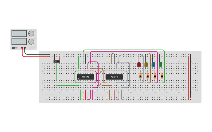 Circuit design 4-BIT ASYNCHRONOUS UP COUNTER - Tinkercad