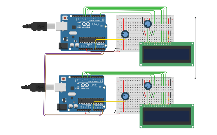 Circuit design 7.11.5.i2c üzerinden 2x lcd kontrolü | Tinkercad