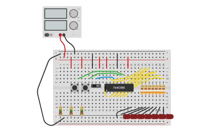 Circuit design 74HC595 Shift Register Explore - Tinkercad