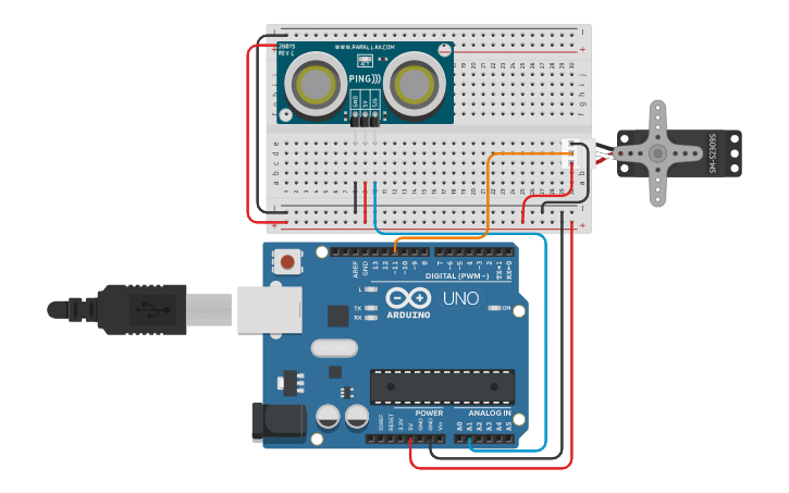Circuit design Servo and Ultrasonic Arduino - Tinkercad