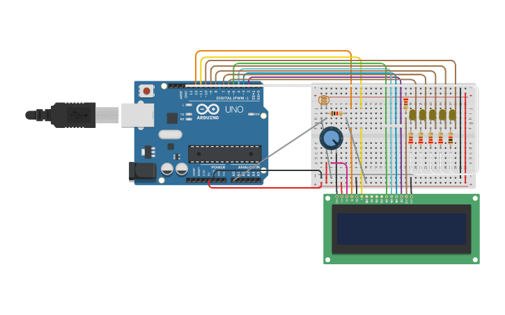 Circuit design Q4 LCD, LDR & LED: PETA 1 - Tinkercad Circuit design Q4 LCD, LDR & LED: PETA 1 - Tinkercad