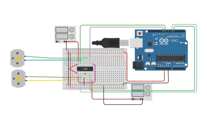 Circuit design Control de dos motores CC - Tinkercad