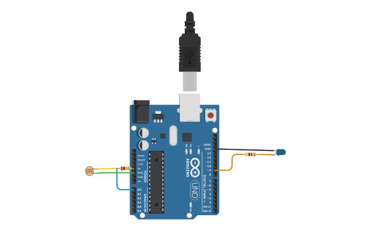 Circuit design Aula 5 - Prática 9 - Sensor LDR - Tinkercad