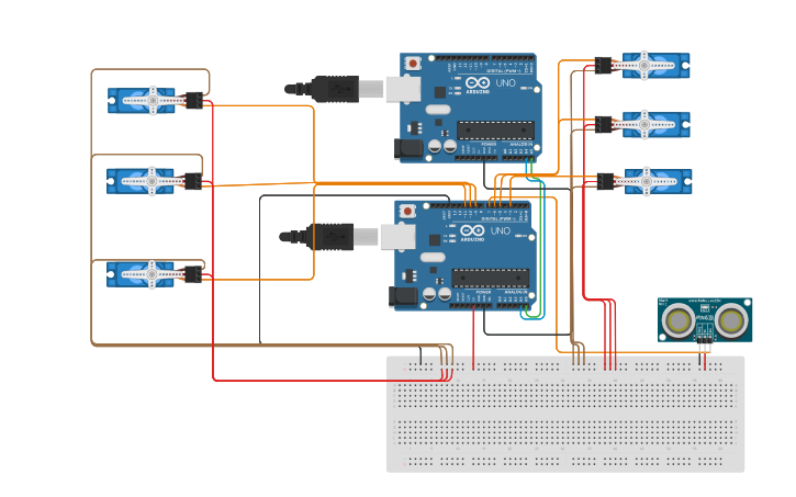 Circuit design Ultrasonic and servos | Tinkercad