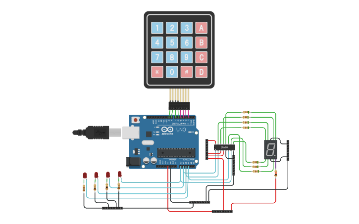 Circuit design 7-segment led plus keypad. V2 - Tinkercad