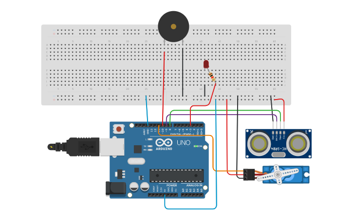 Circuit design Proftaak Ultrasonicsensoor,Buzzer, Servo motor | Tinkercad