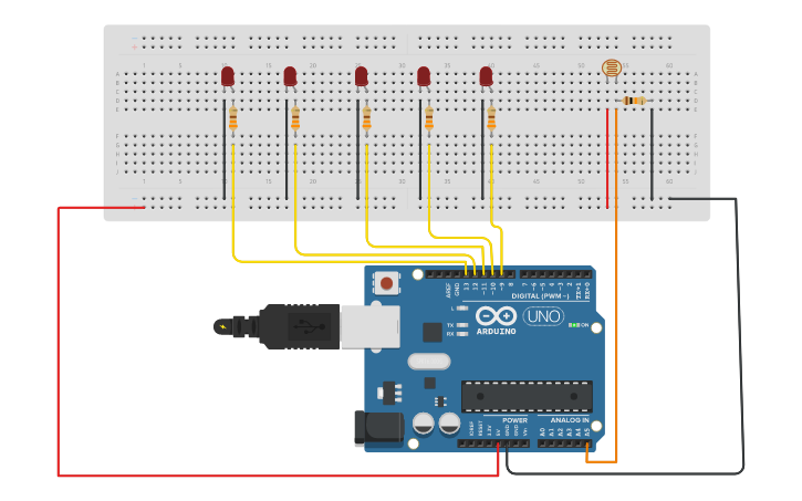 Circuit design Actividad de fotorresistencia | Tinkercad